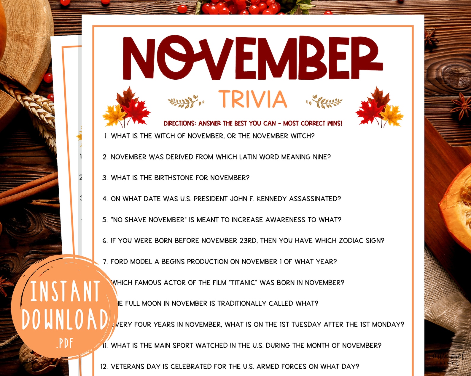 November Trivia Game | Printable Month Party Games | Fall Activities ...
