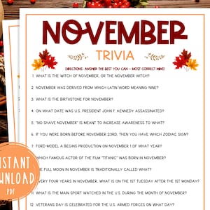 November Trivia Game | Printable Month Party Games | Fall Activities ...