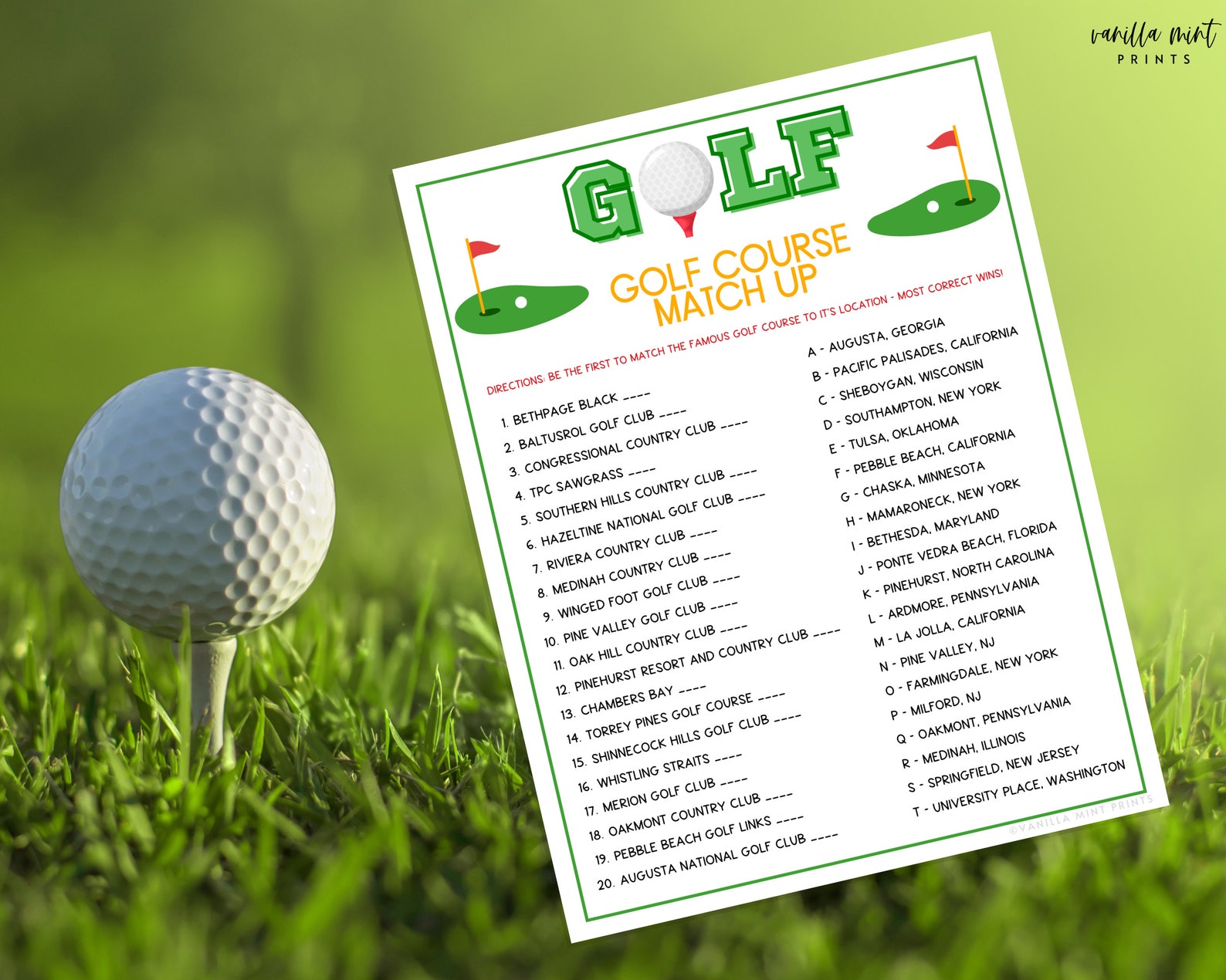 Golf Course Match up Game | Printable Golf Party Games | Masters Golf ...