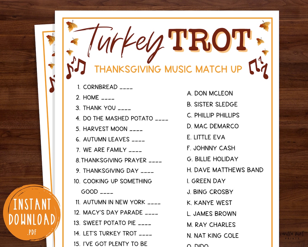 Thanksgiving Turkey Trot Music Match up Game | Thanksgiving Printable ...