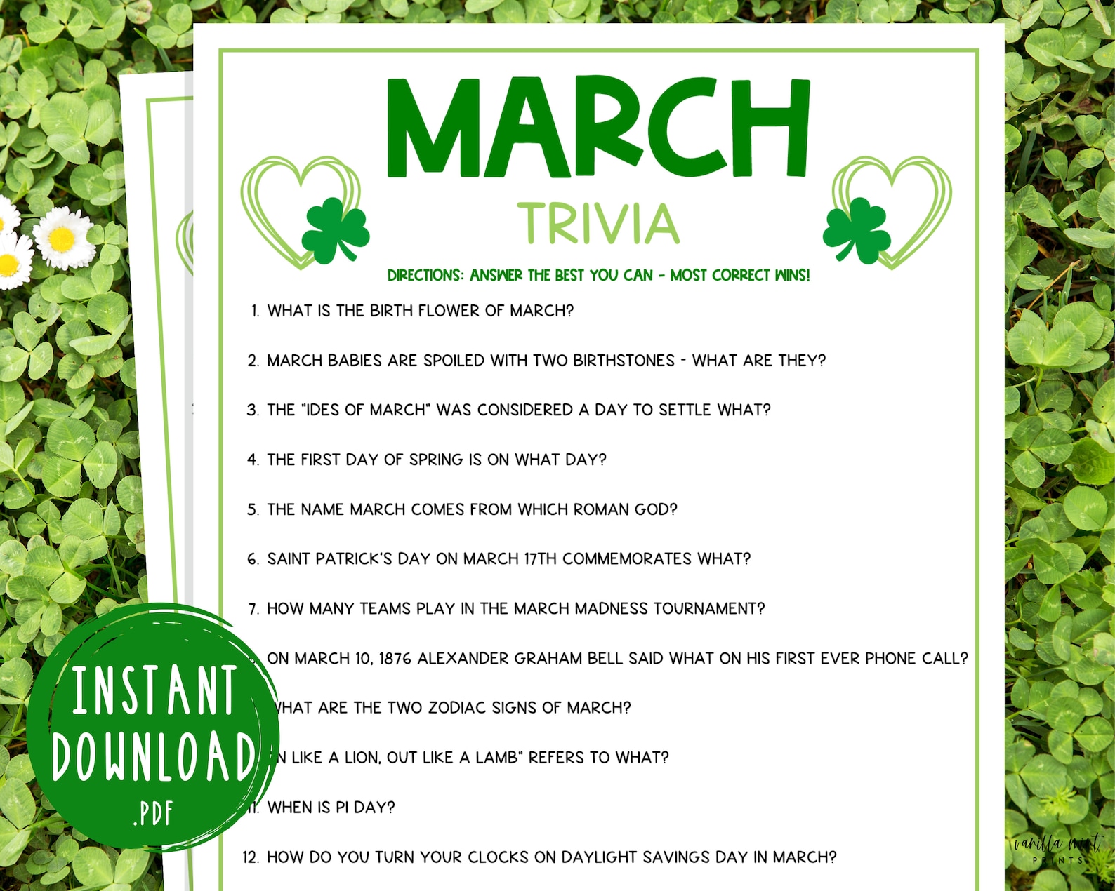 March Trivia Game Printable Month Party Games Springtime Activities for ...