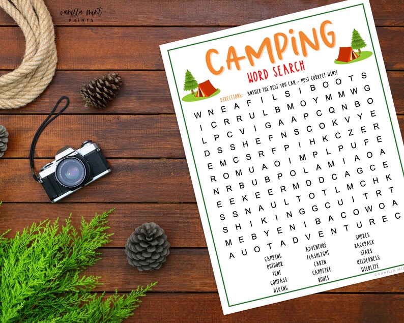 Camping Word Search | Printable Campground Games | Party Games ...