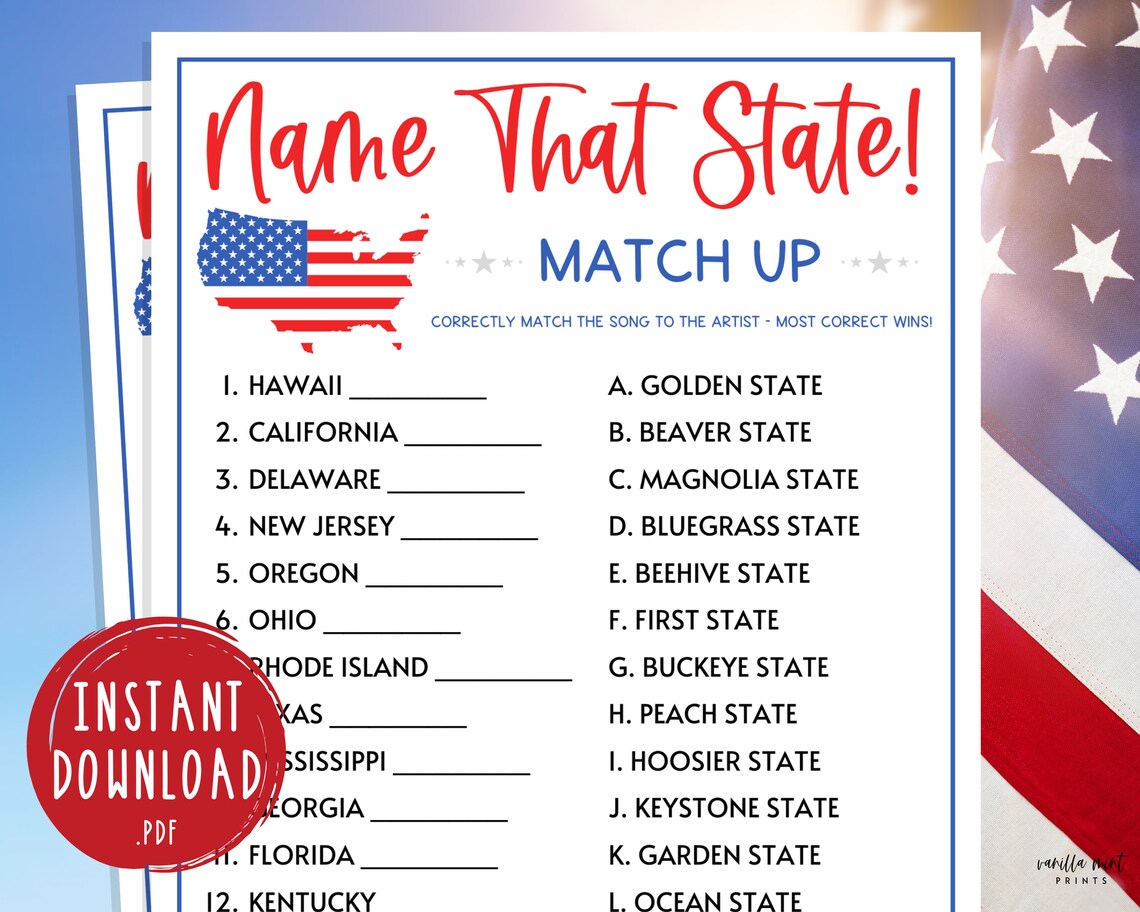 Patriotic Name That State Nickname Match up Game | Printable Memorial ...