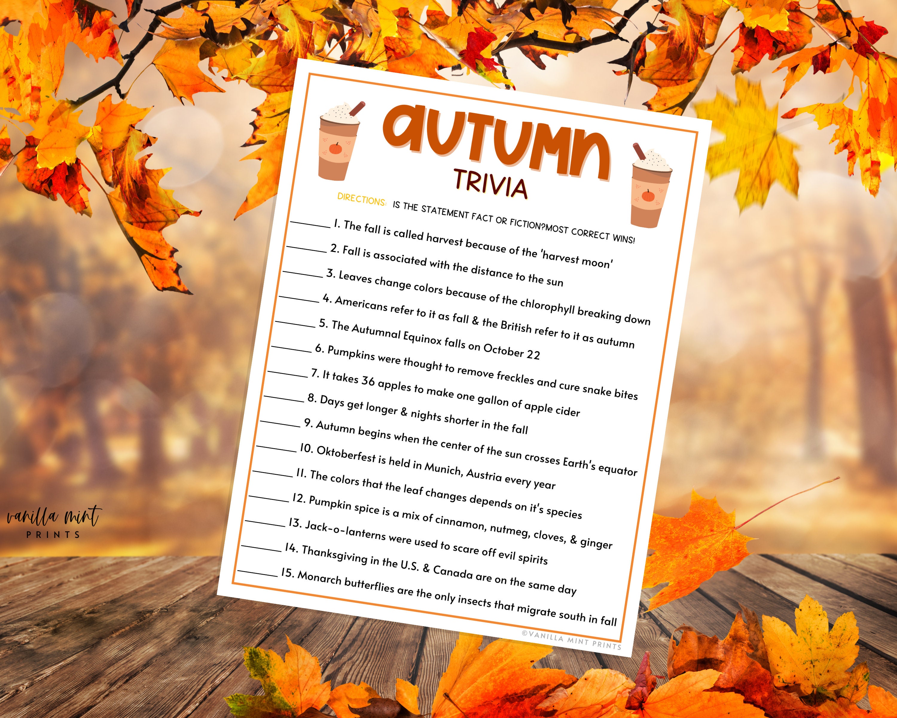 Fall Trivia Game Printable Autumn Games Fall Time | Etsy