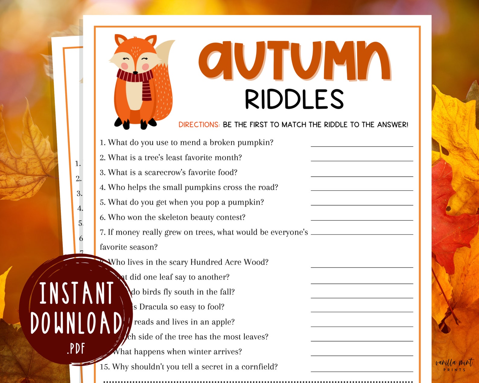 Fall Riddles Game Printable Autumn Games Fall Time - Etsy