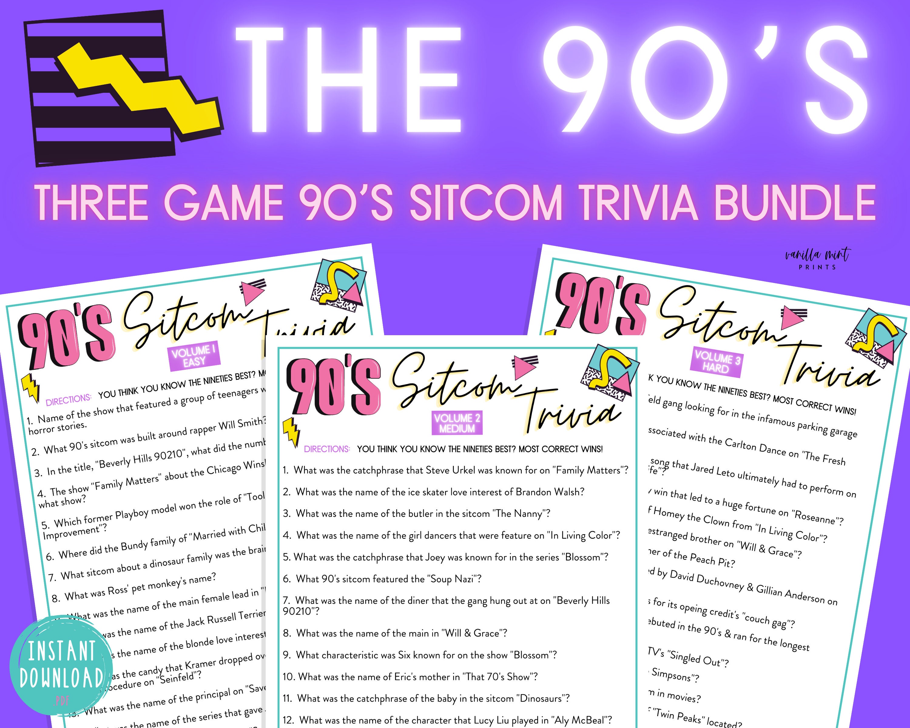 1990's Trivia 90s TV Sitcom Trivia BUNDLE Three - Etsy