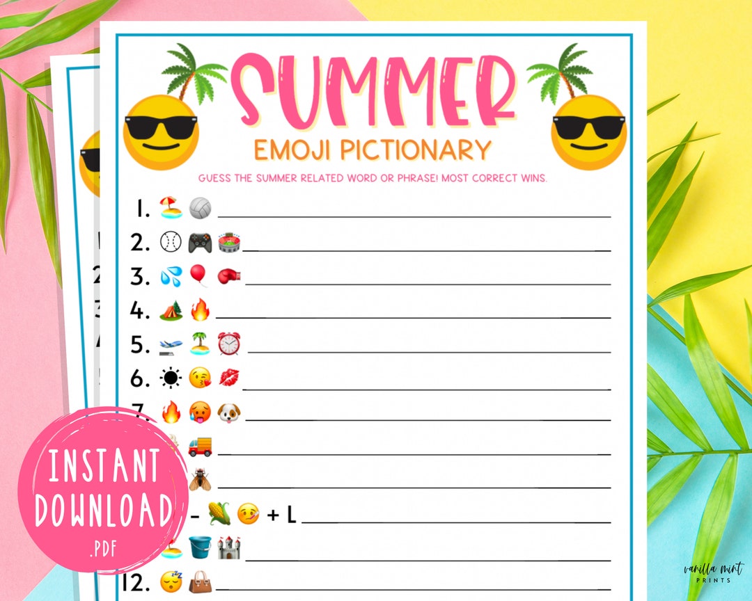 Summer Emoji Pictionary Game | Printable Summertime Games | Party Games ...