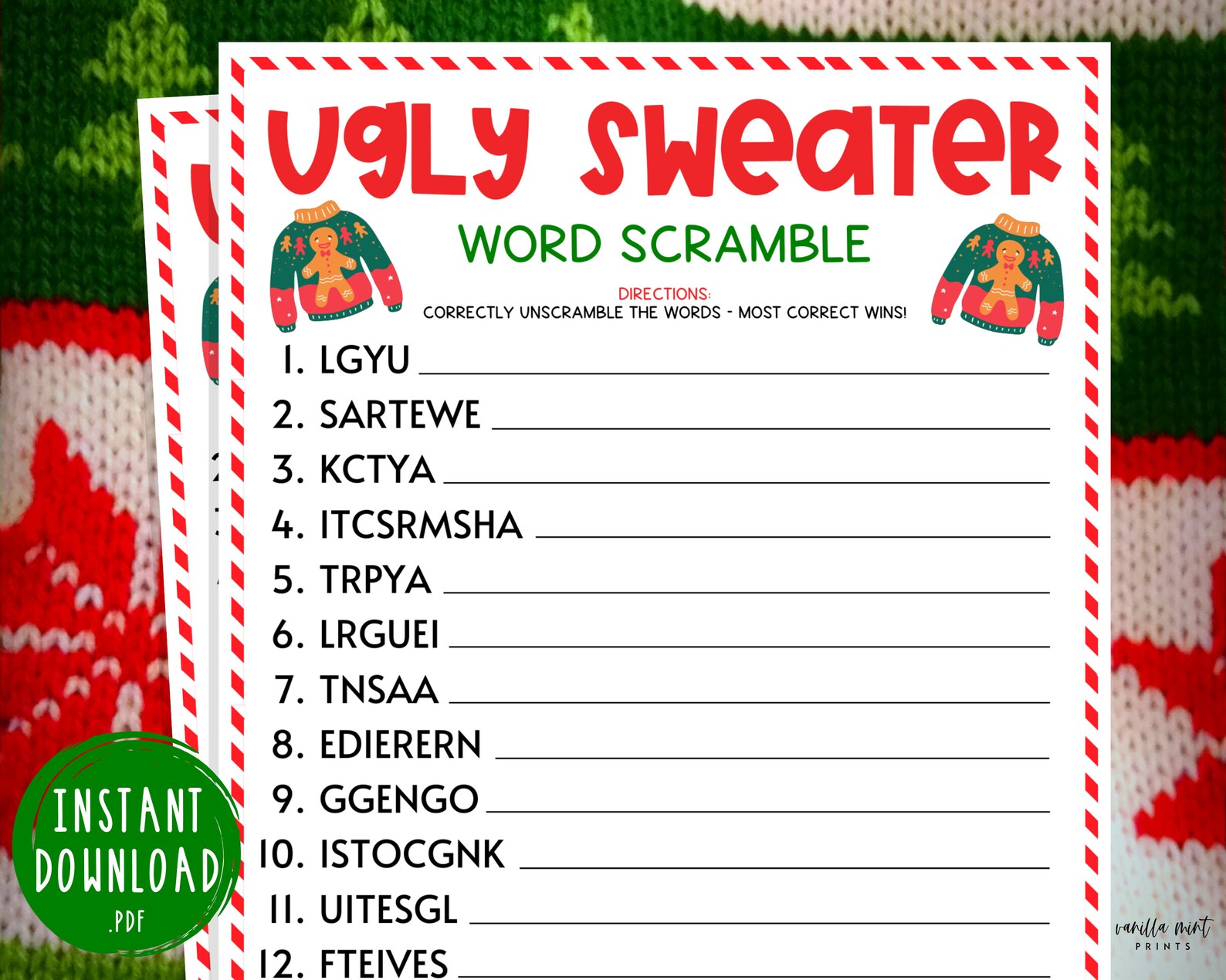 Ugly Sweater Party Word Scramble Game | Christmas Printable Games | Fun ...