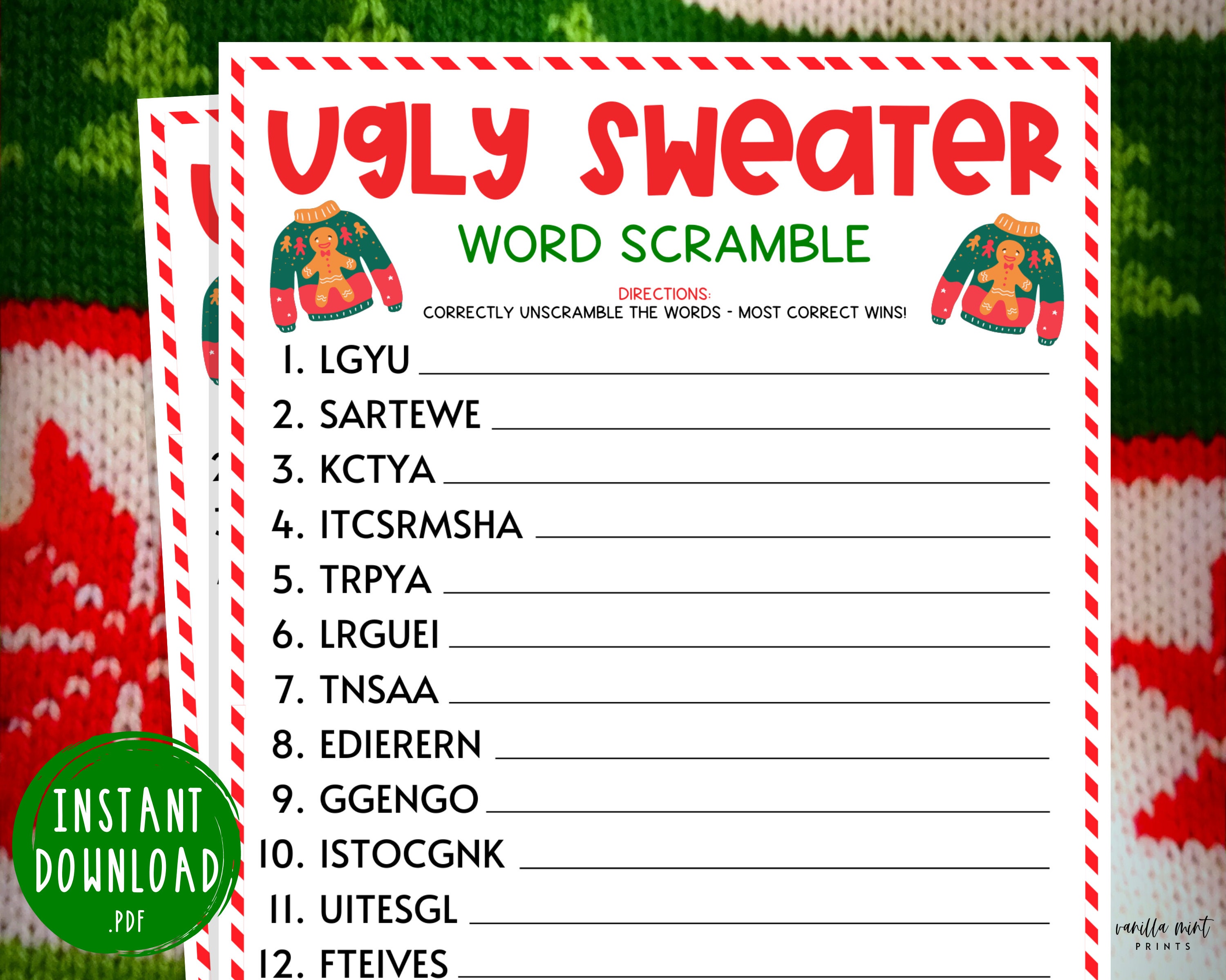 Ugly Sweater Party Word Scramble Game Christmas Printable | Etsy