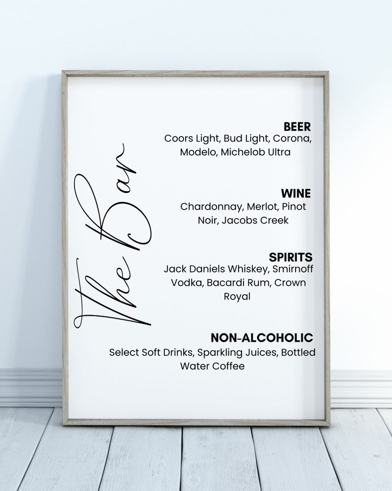 Wedding Bar Menu Sign, Printable Calligraphy Bar Menu Template, 8x10 ...