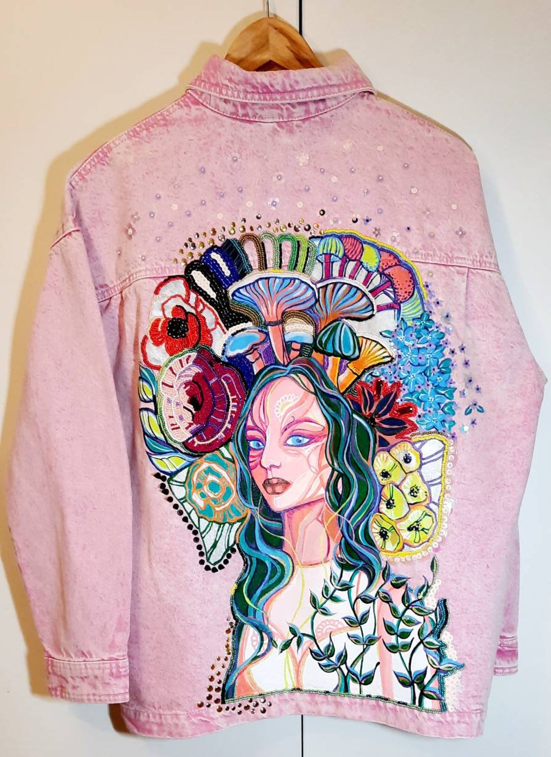 Customised Designer Purple Jeans Jacket With Beads, Hand Painted, Hand ...