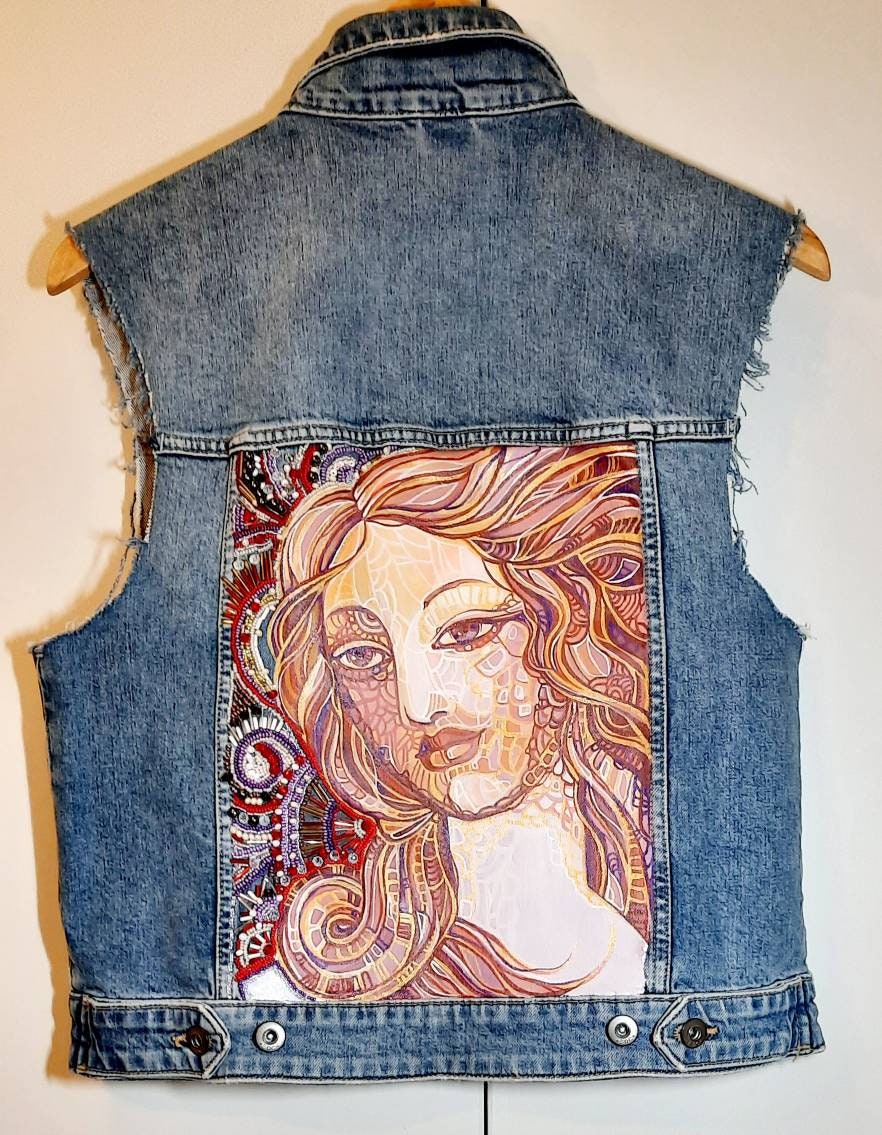 Denim Jacket With Hand Embroidery and Print “drawing From the Hands ...