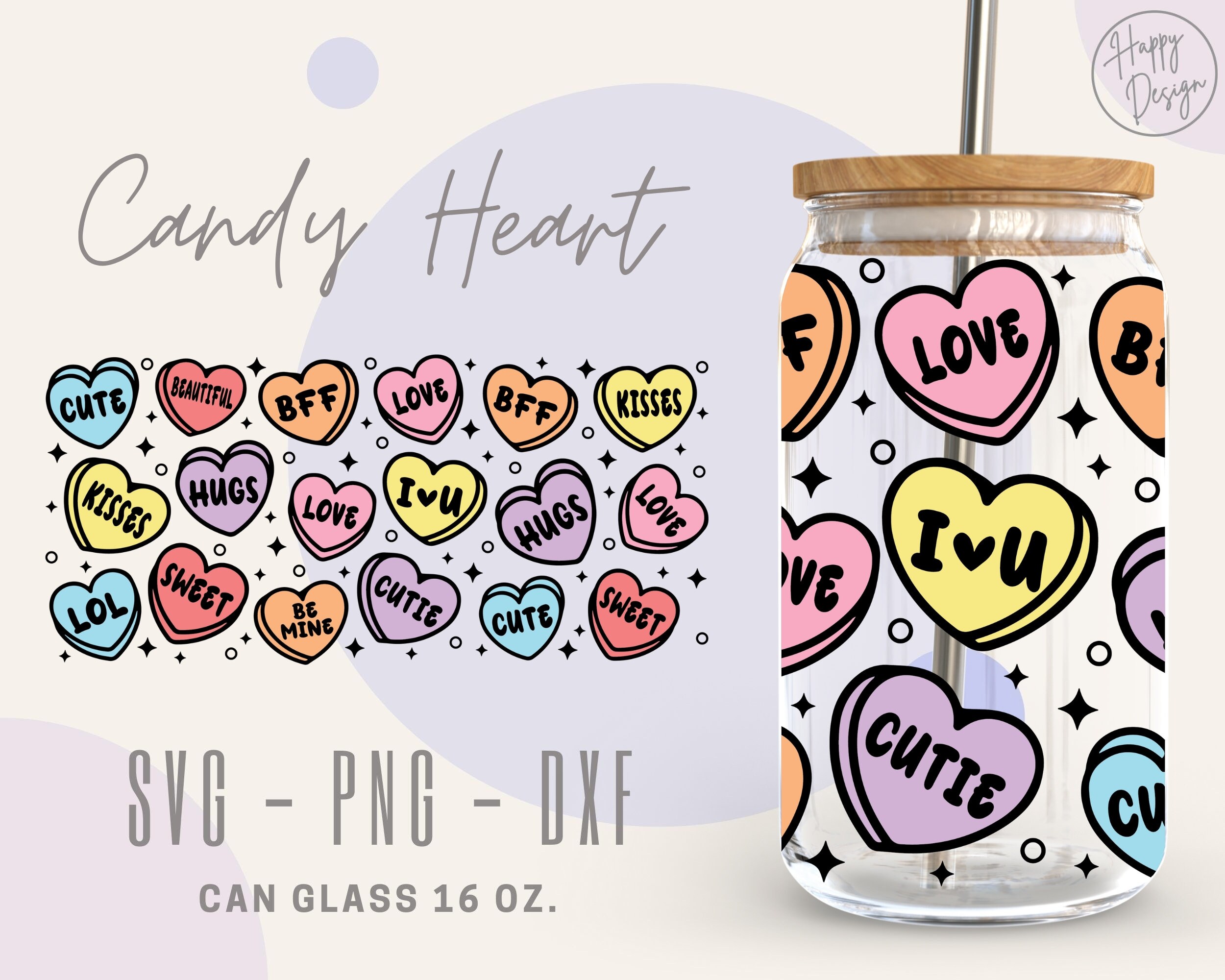 Candy Hearts Can Glass 16oz Libbey Glass Can Wrap - Etsy