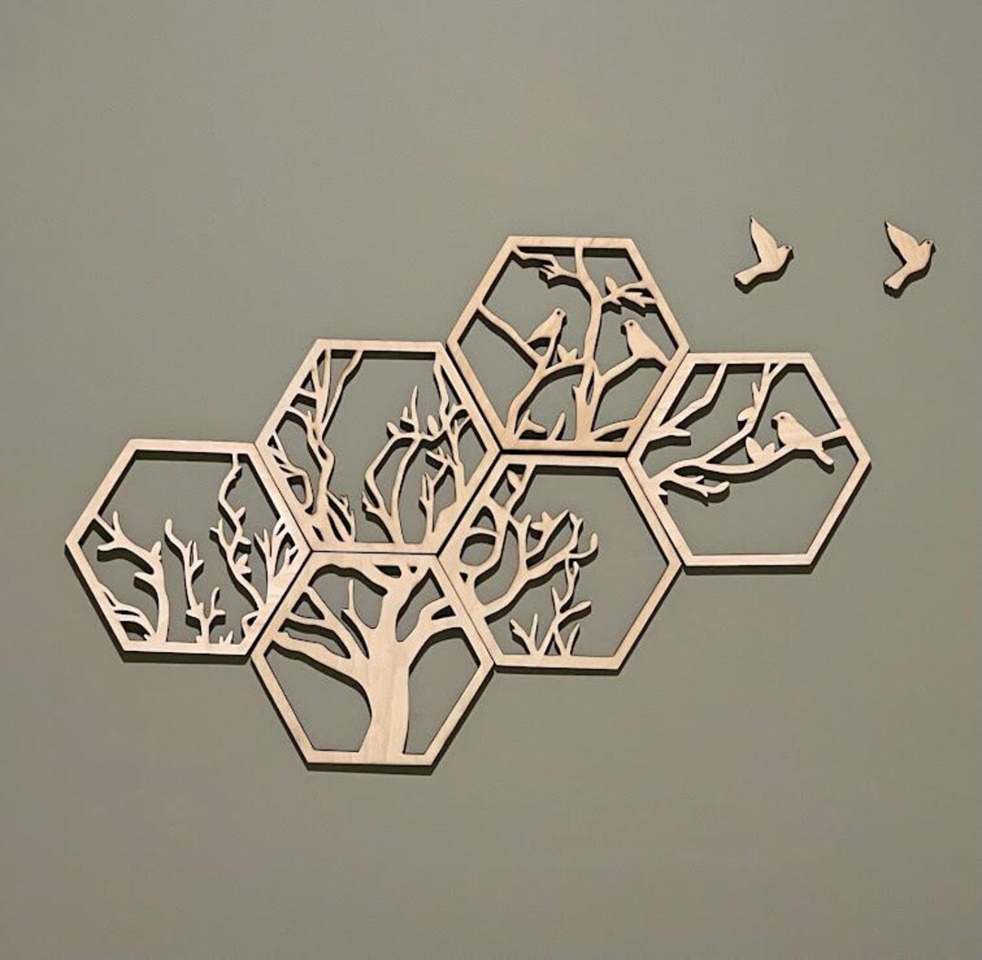 Hexagon Wooden Tree Art, Bird Home Decor, Modern Tree of Life Decor ...