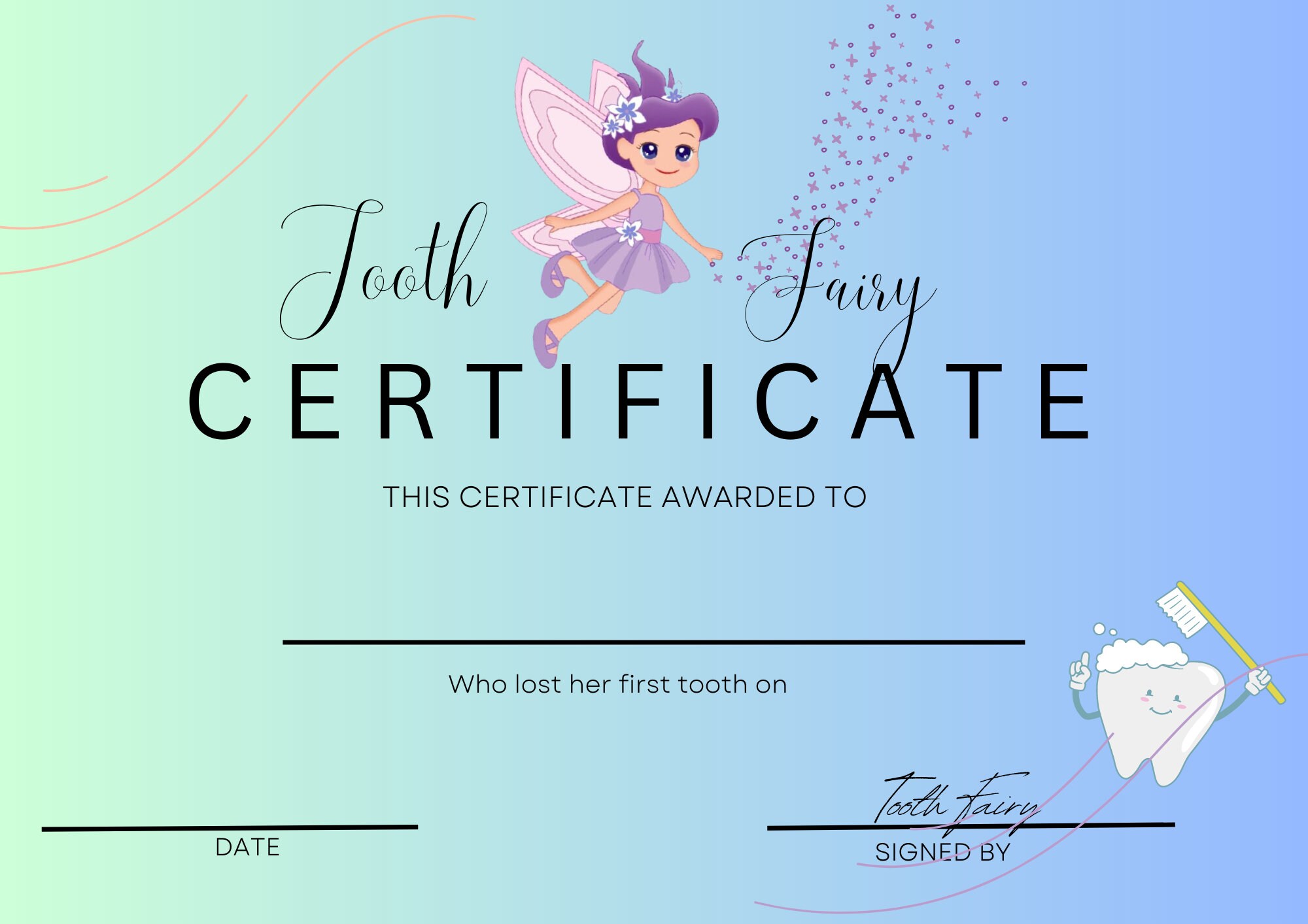 Tooth Fairy Certificate Editable First Lost Tooth Certificate - Etsy ...