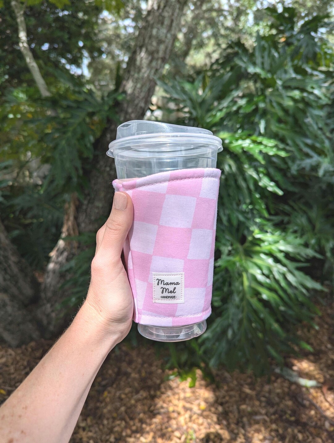 Pink Check Cozy, Pretty Pink Checkers Drink Sleeve, Trendy Pink Coffee ...