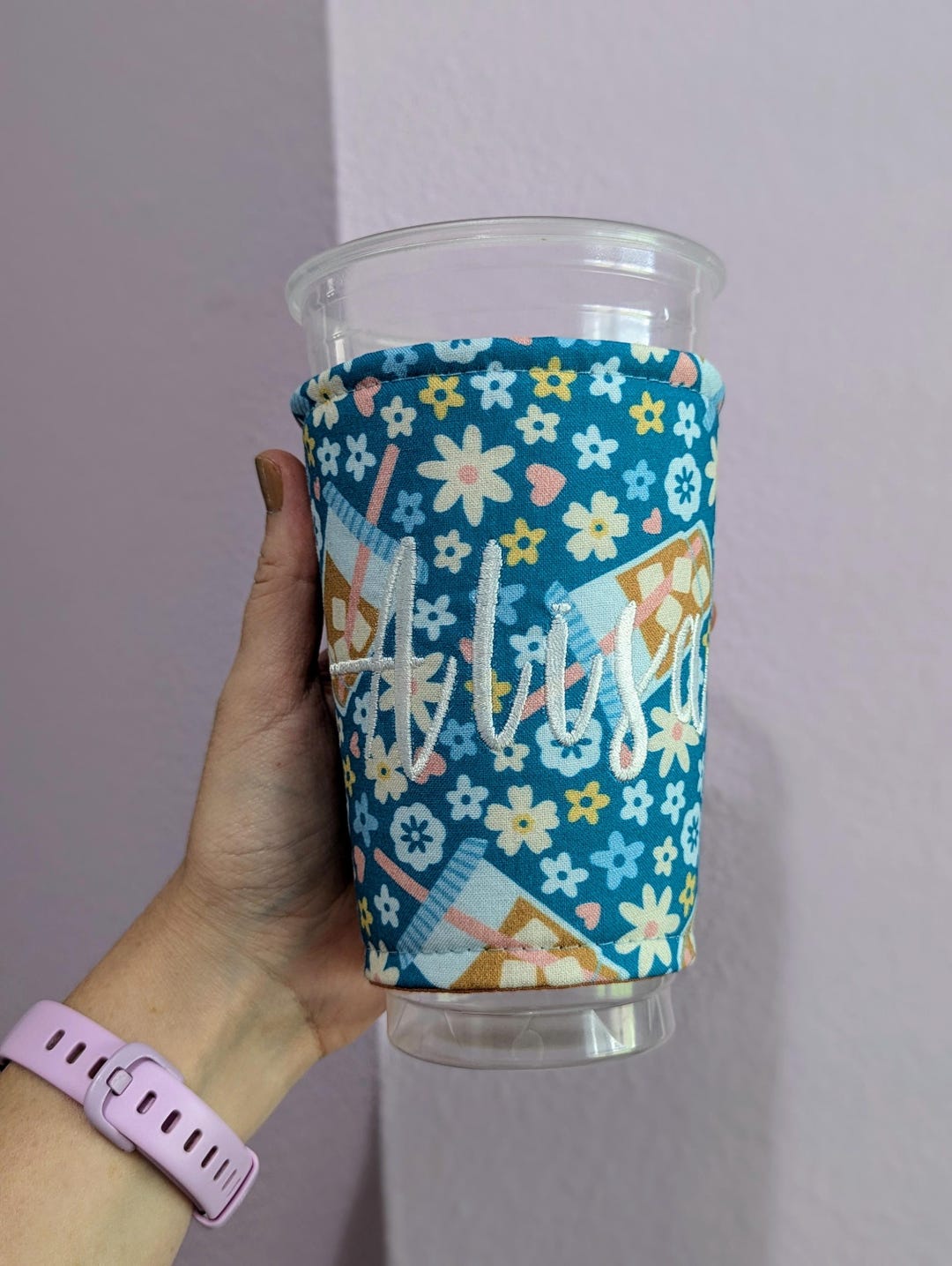 Blue Iced Coffee Cozy, Blue Floral Coffee Sleeve, Fall Iced Coffee Cozy ...