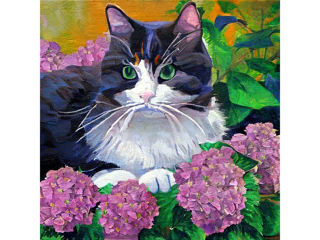 Cat Painting Hydrangea Original Art Pet Artwork Flower - Etsy