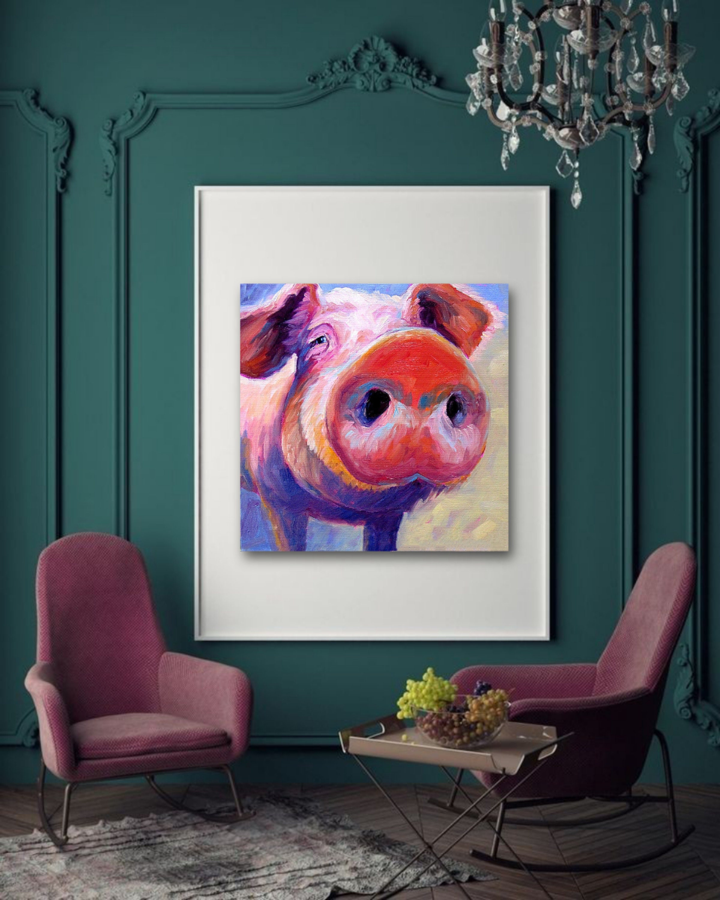 Piglet Painting Animal Original Art Farmhouse Pig Wall Art Oil Canvas ...