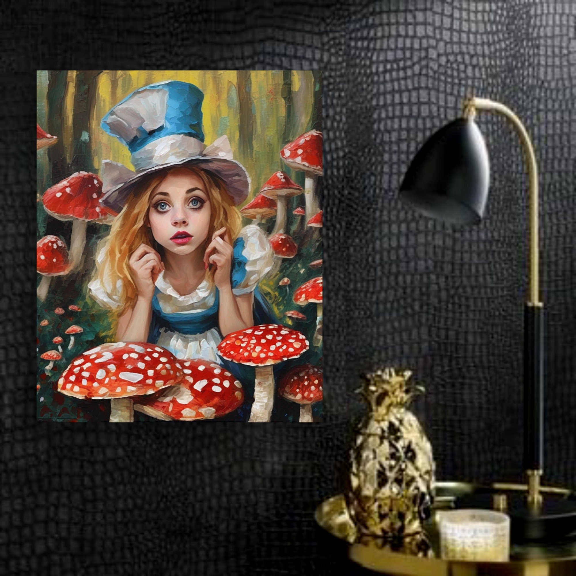 Alice in Wonderland Painting Mushroom Original Art Fly Agaric Art Fantasy Painting Alice Wall ...