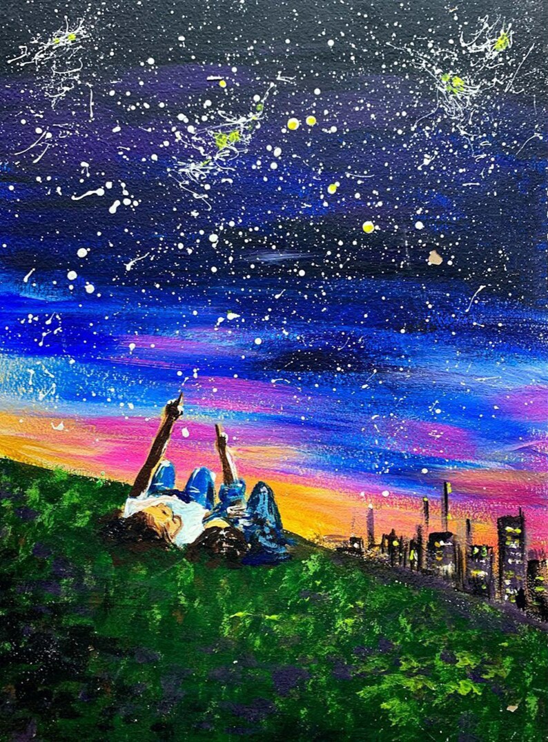 Starry Sky Painting Couple Original Art Man and Woman Painting Romantic ...