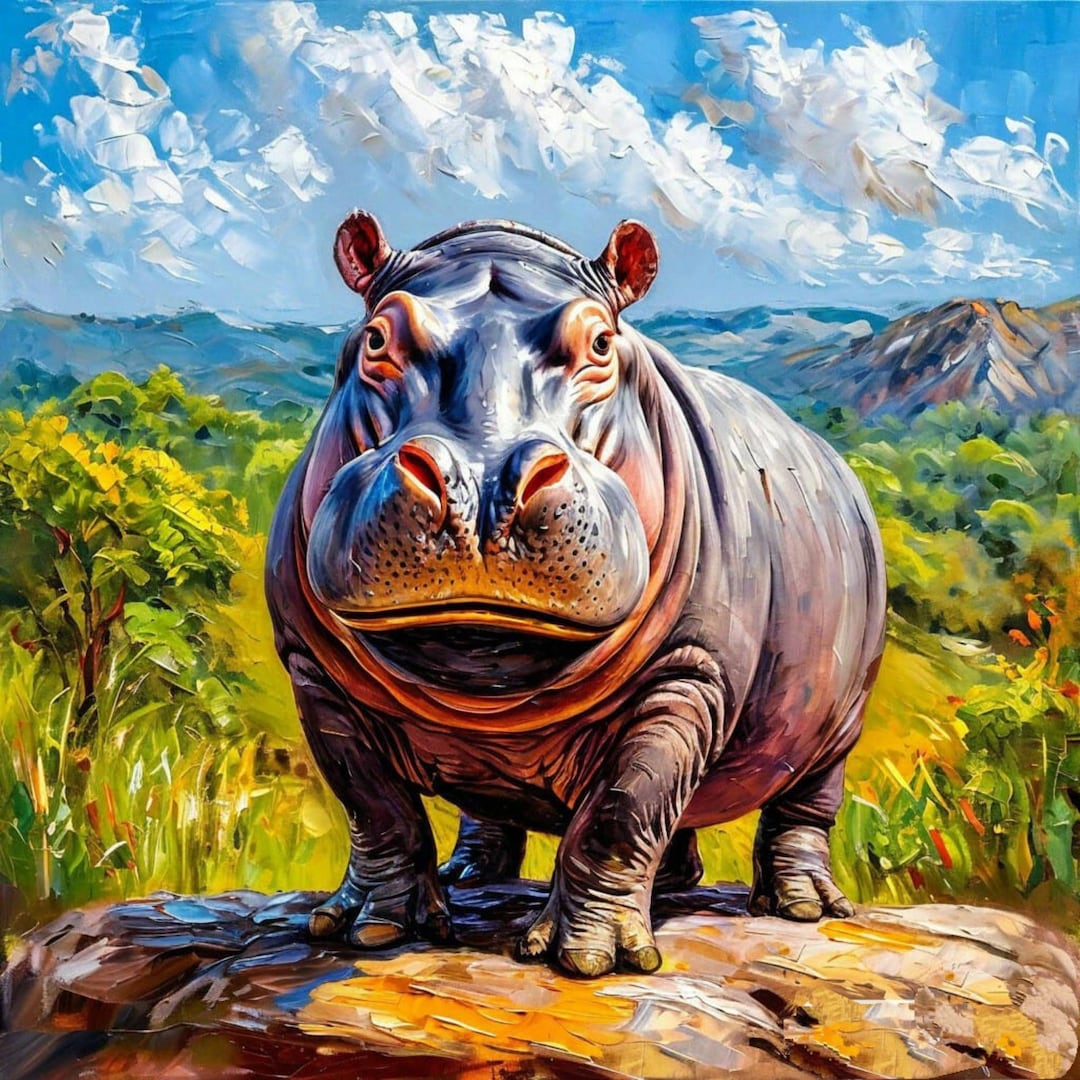 Hippo Painting Hippopotamus Original Art Oil Painting Animal Wall Art ...