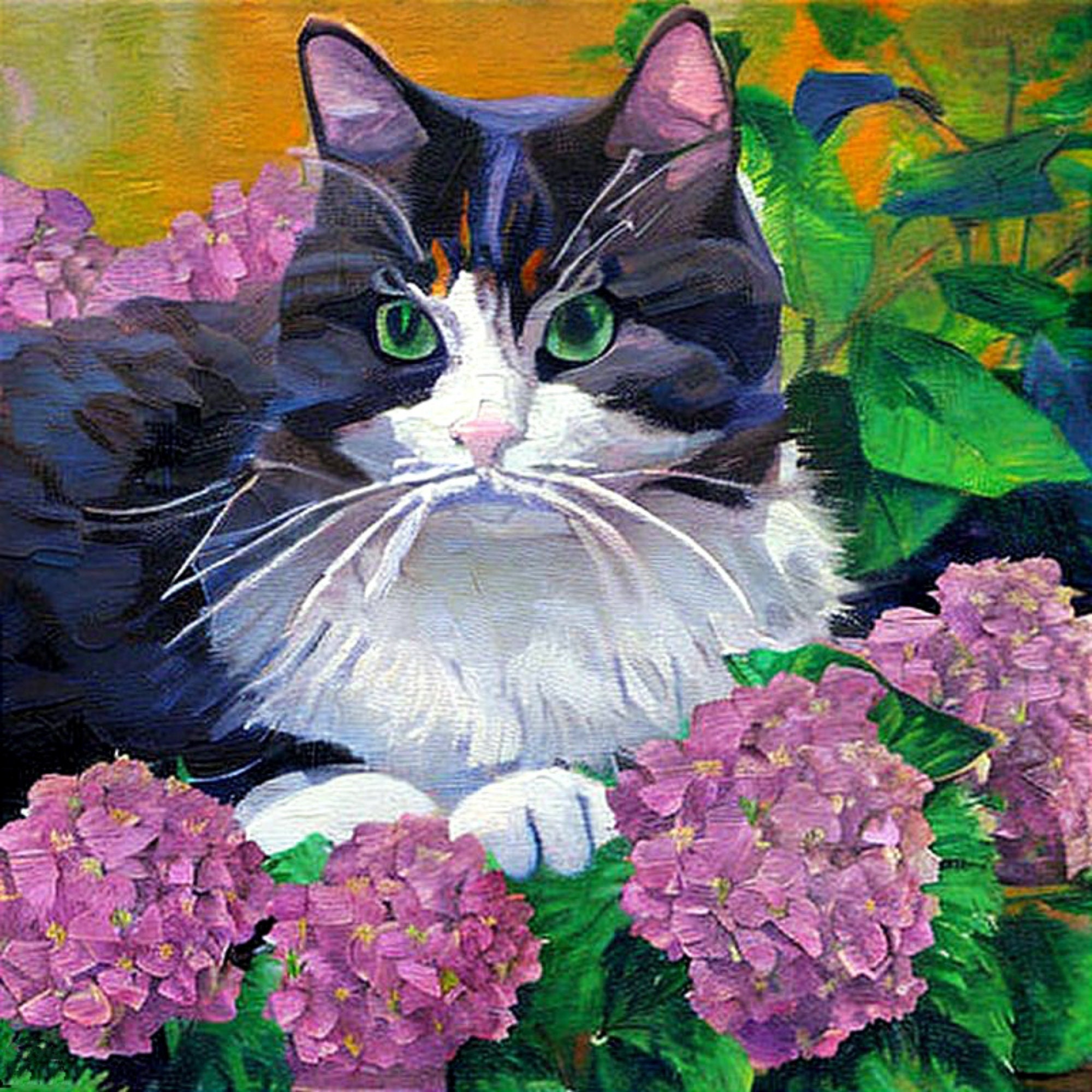 Cat Painting Hydrangea Original Art Pet Artwork Flower - Etsy