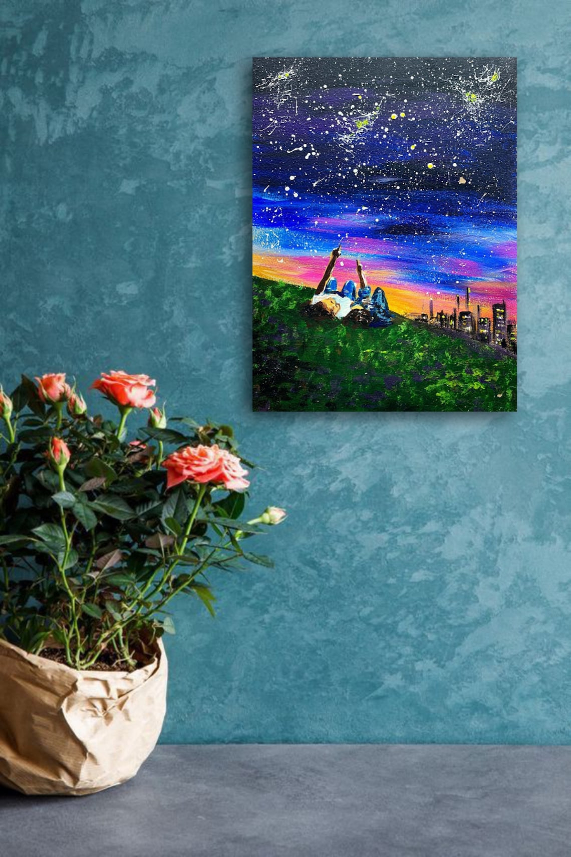 Starry Sky Painting Couple Original Art Man and Woman Painting Romantic ...