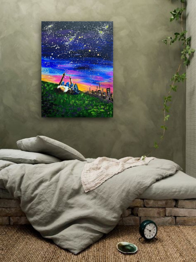 Starry Sky Painting Couple Original Art Man and Woman Painting Romantic ...