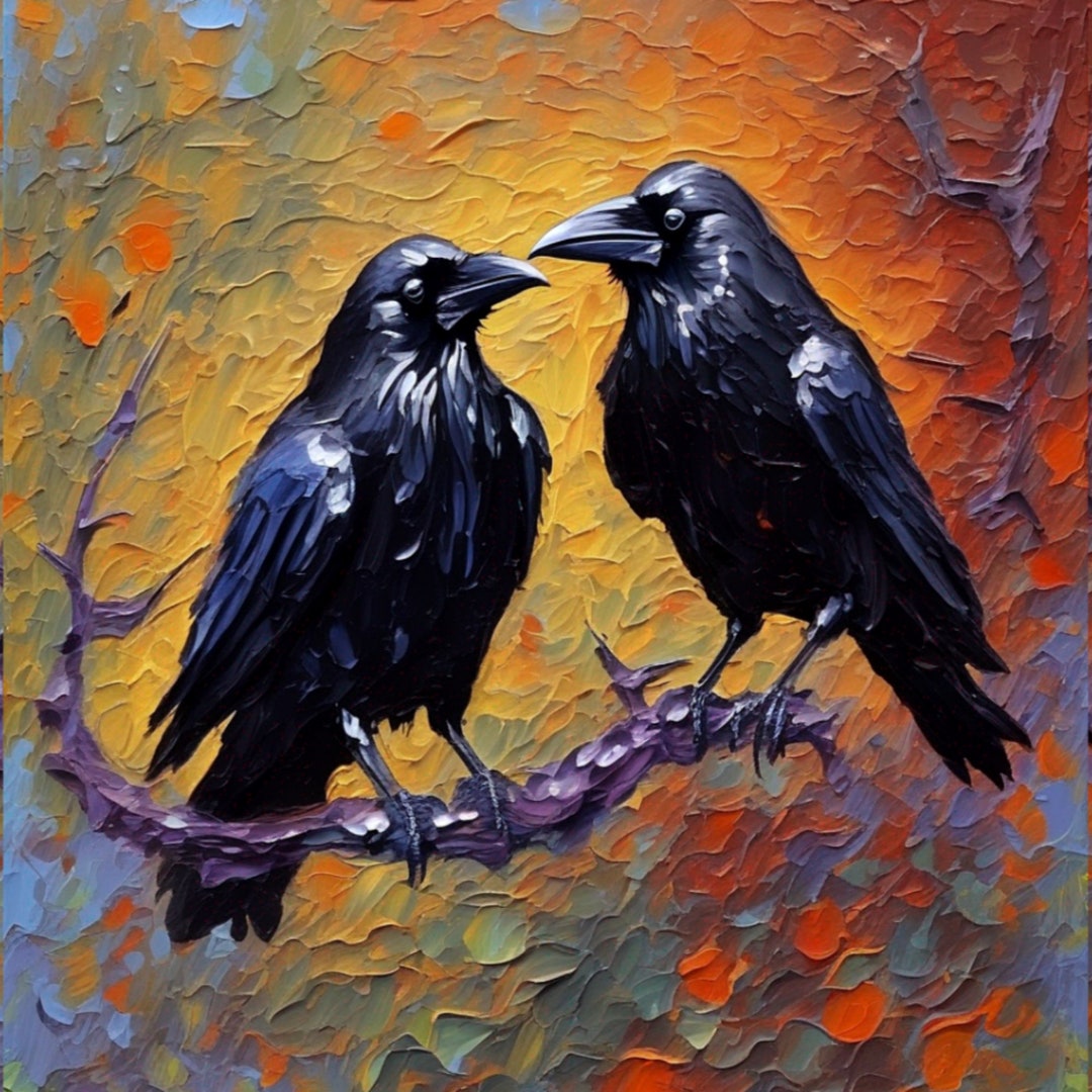 Black Ravens Oil Painting Couple Birds Original Art Crow Impasto ...