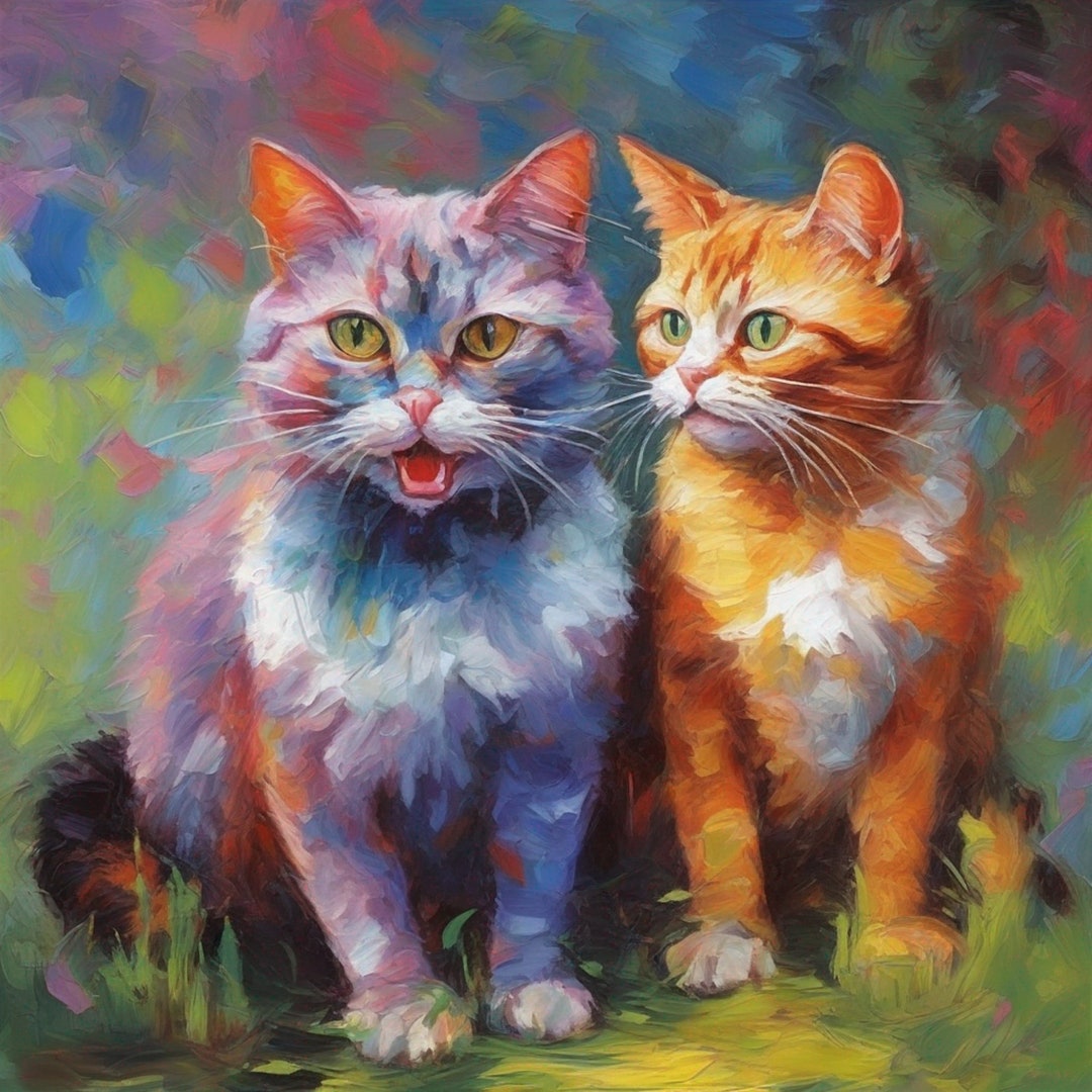 Couple Cat Painting Funny Cats Original Art Pet Artwork Impasto Oil ...