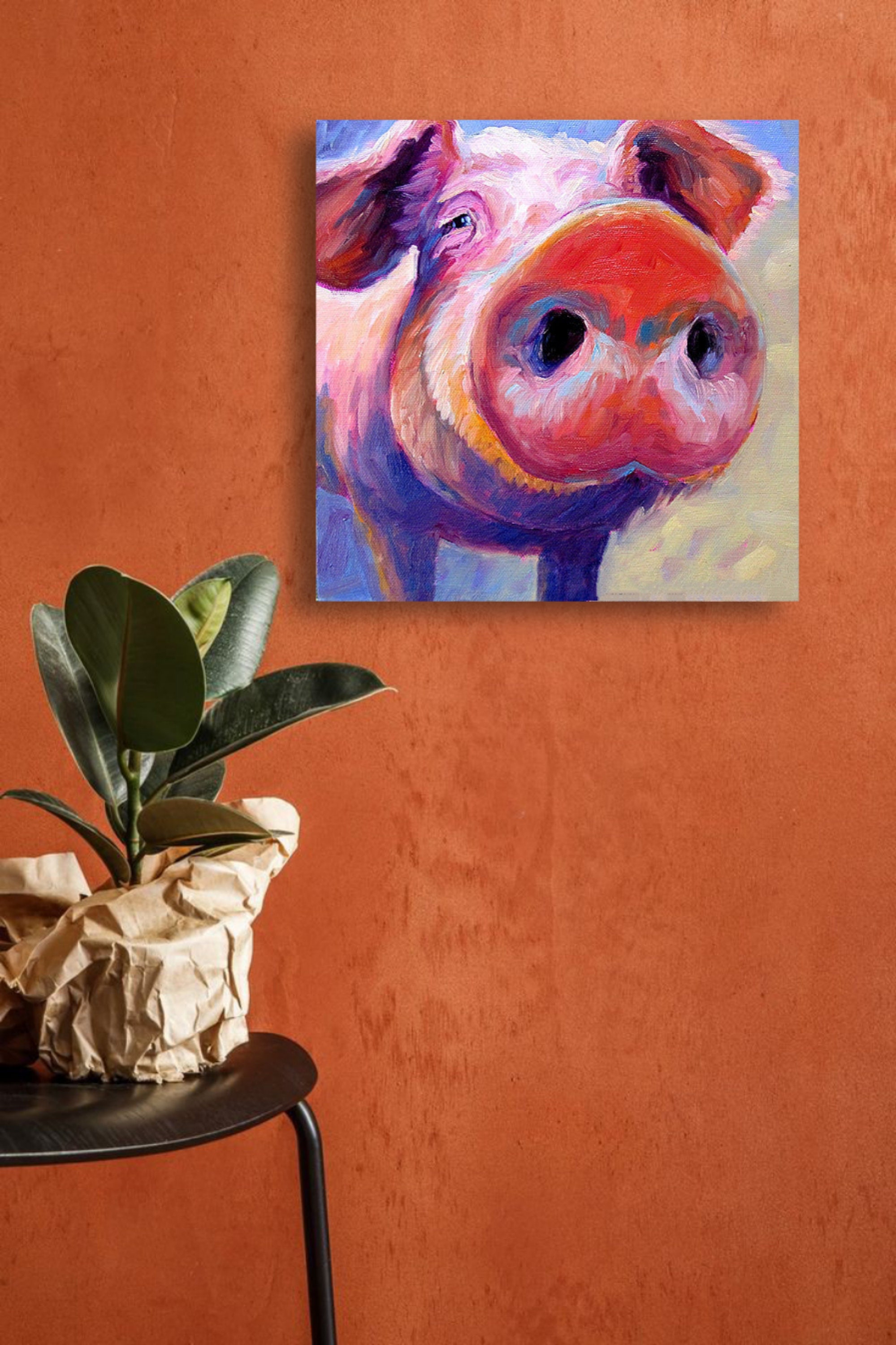 Piglet Painting Animal Original Art Farmhouse Pig Wall Art Oil Canvas ...