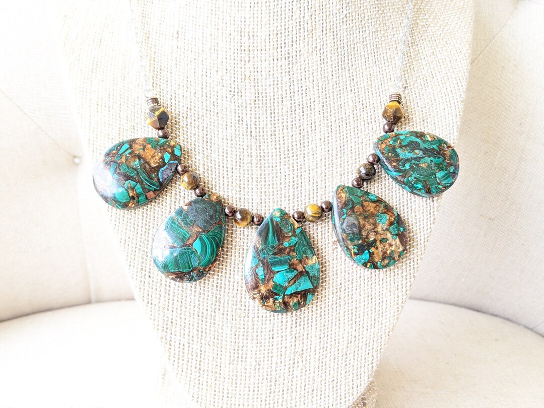 Statement Necklace With Natural Malachite, Bronzite, Verdite Stones ...