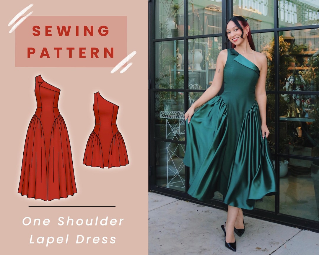 One Shoulder Lapel Holiday Dress PDF Sewing Pattern With Mini and Midi ...