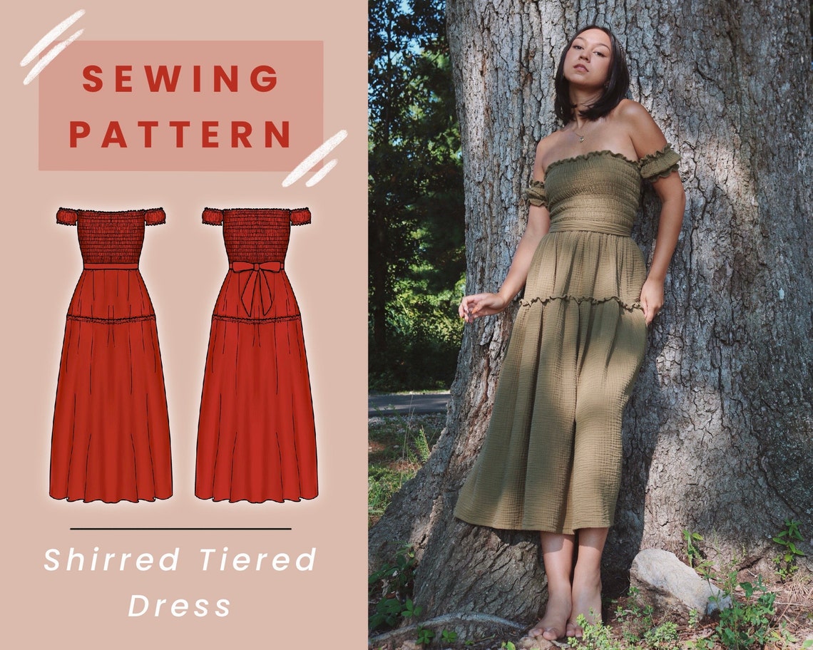 Shirred Midi Cottagecore Dress Digital PDF Sewing Pattern // - Etsy