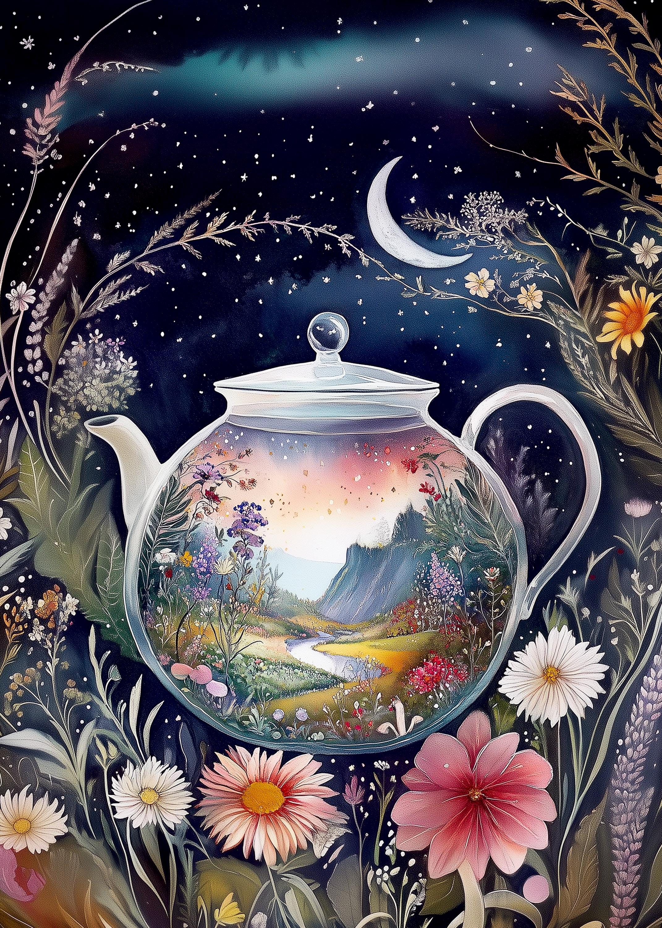 World in A Cup Fantasy Art Panel – Dreamy Teacup Landscape Fabric Print ...