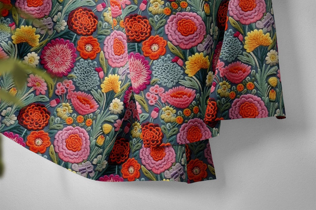 Floral Print Fabric: Embroidered Effect, Vibrant Boho Decor - Etsy