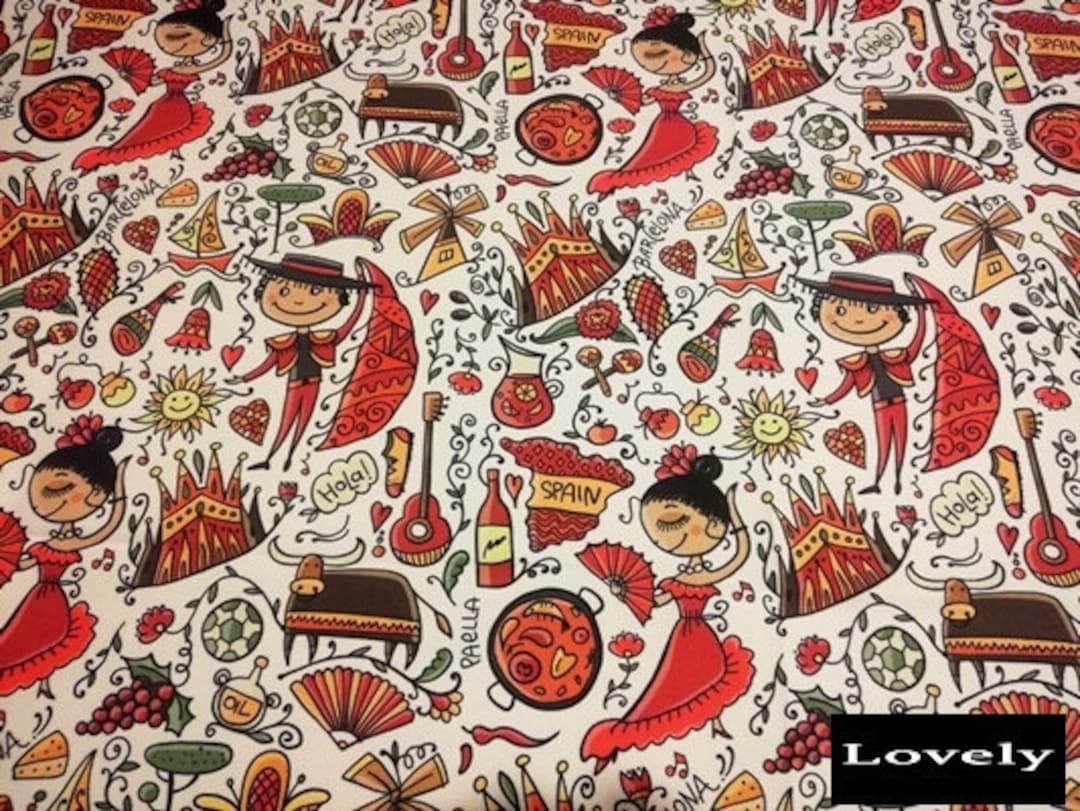 Symbols of Spain Fabric: Flamenco, Paella, Barcelona Polyester Fabric ...