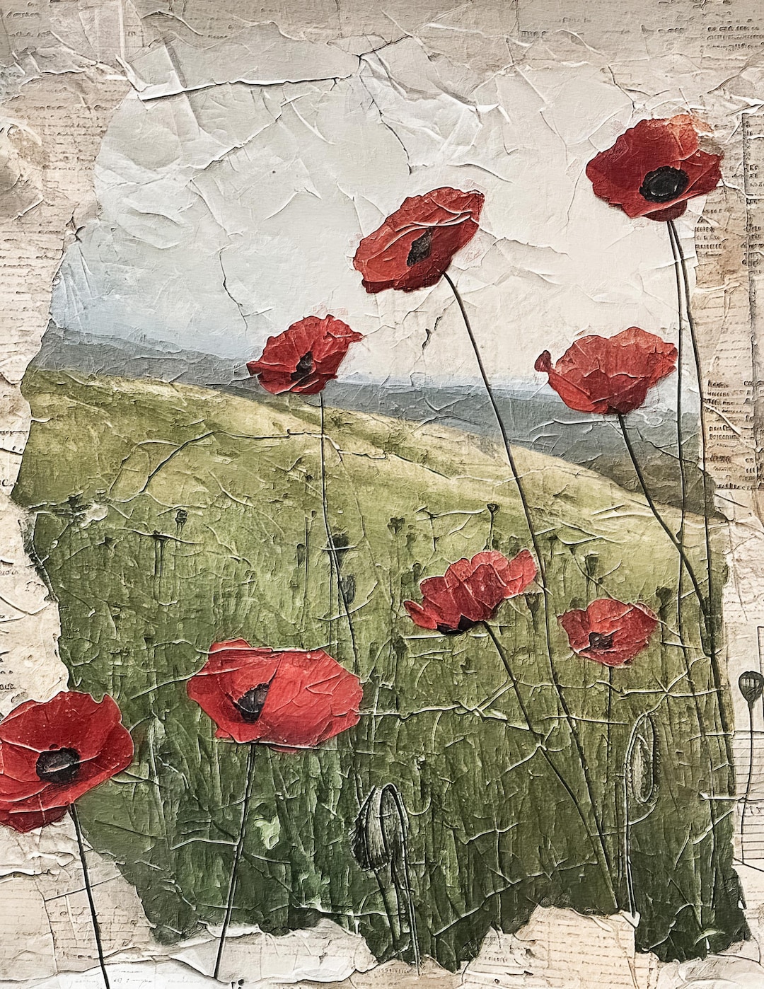 Rustic Poppies Panel Fabric, Poster Fabric, Wall Art Fabric, Decorative ...
