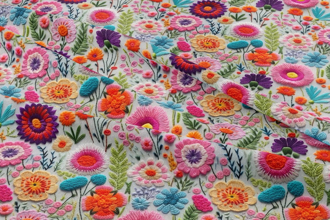 Floral Print Fabric: Vibrant Embroidered Effect Boho Decor - Etsy