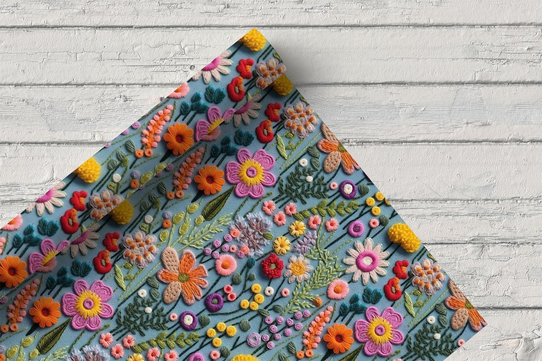 Floral Embroidered Effect Print Fabric: Vibrant Boho Upholstery - Etsy