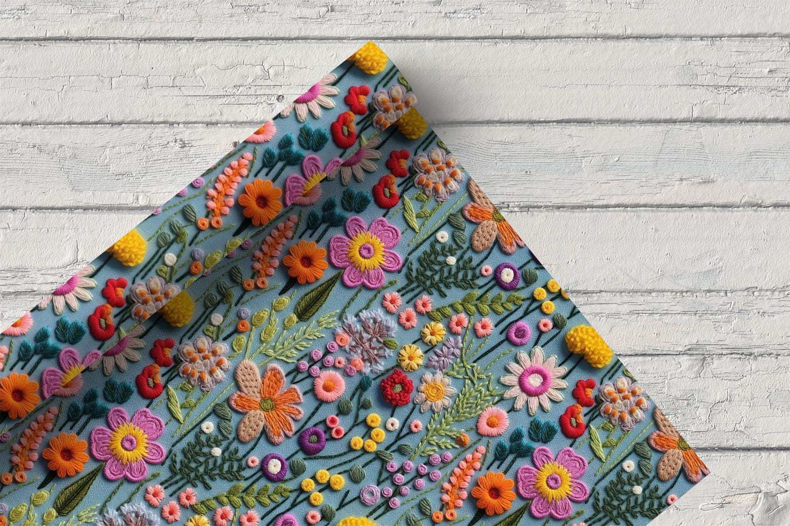 Floral Embroidered Effect Print Fabric: Vibrant Boho Upholstery - Etsy