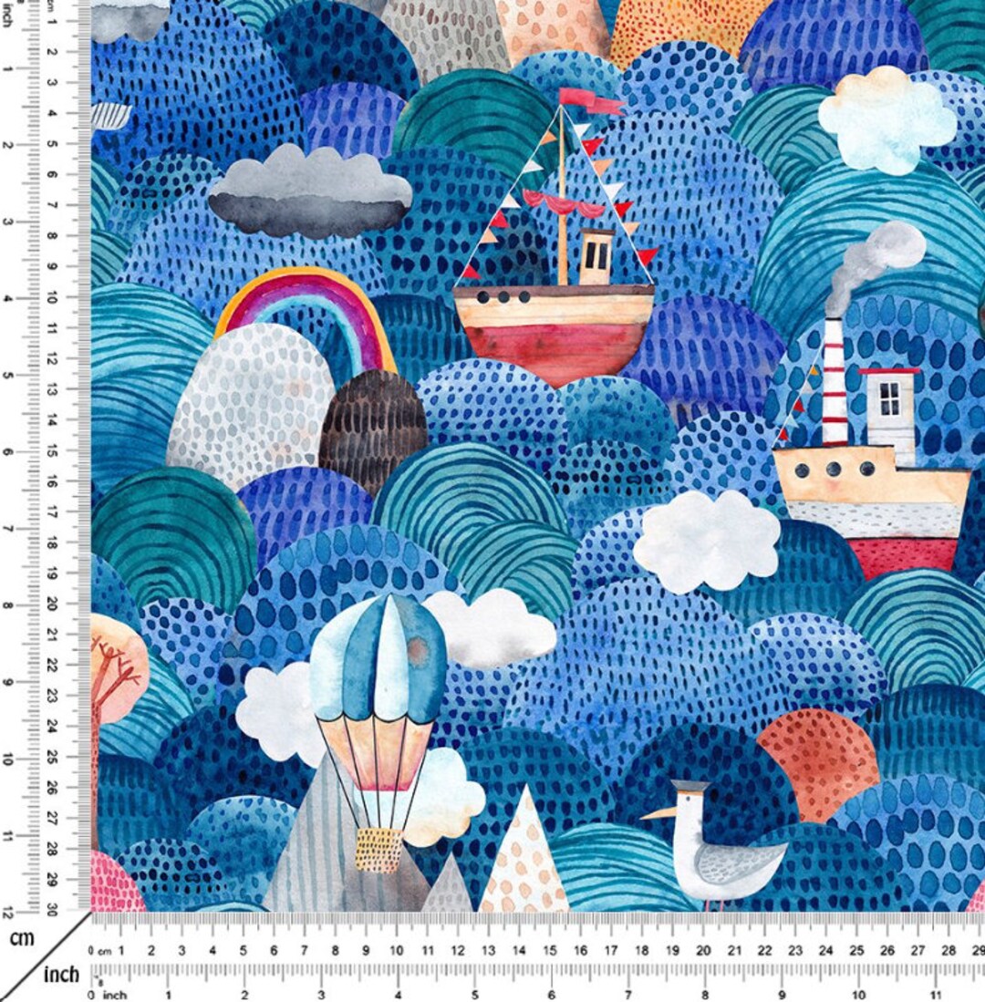 Cute Watercolor Ships and Lighthouse Waves Upholstery Fabric by the ...