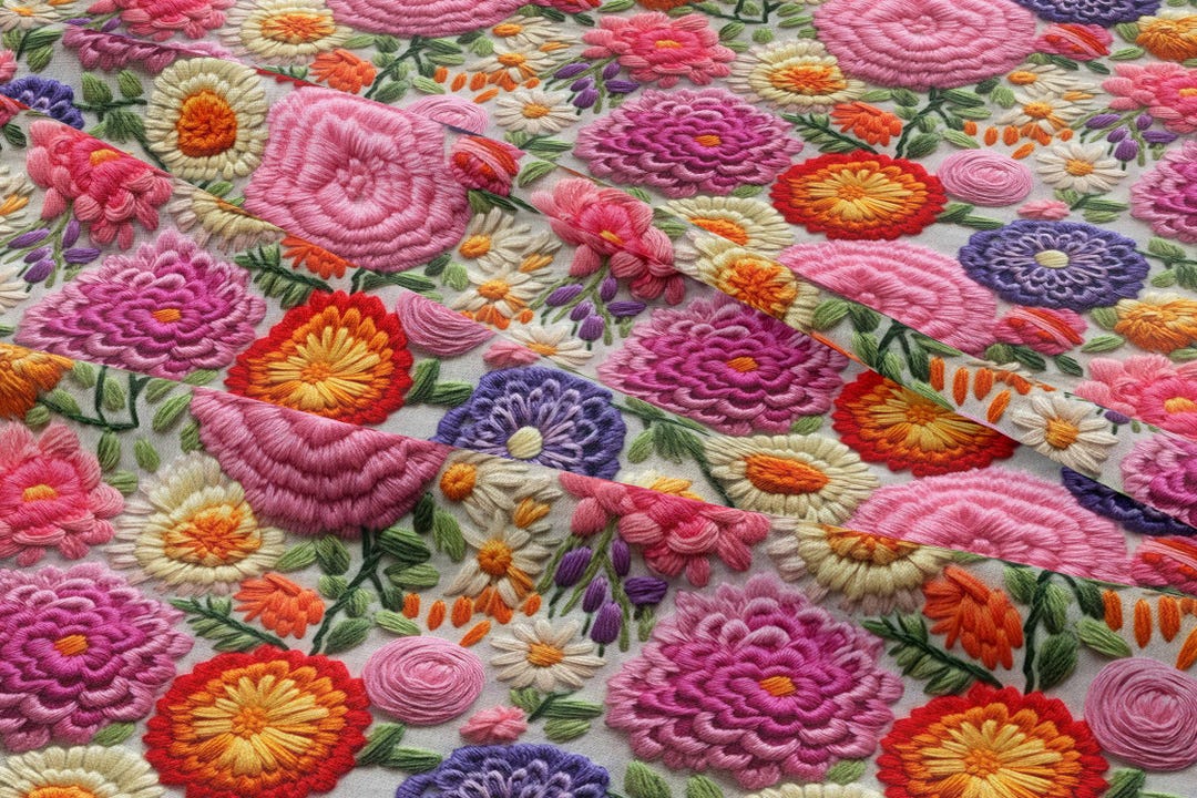 Floral Print Fabric: Embroidered Effect, Vibrant Boho Decor - Etsy