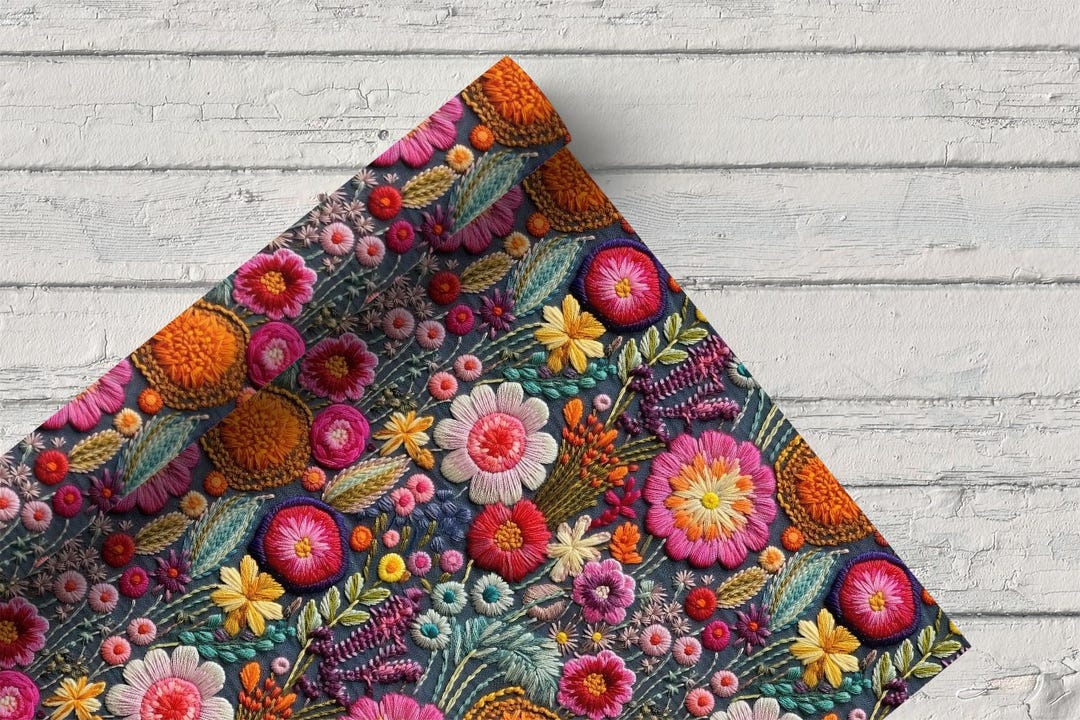 Floral Print Fabric: Vibrant Embroidered Effect Polyester, Boho Decor ...