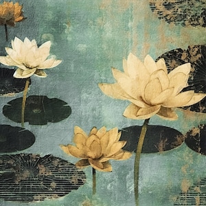 Lotus Flower Fabric, Vintage Water Lily Print, Botanical Floral Textile ...