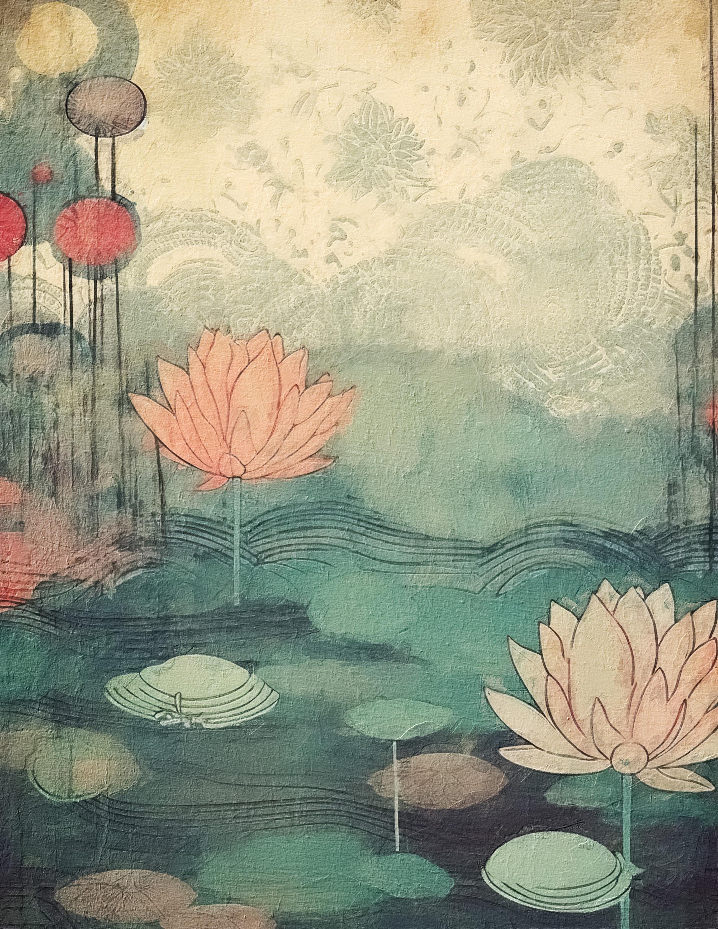 Vintage Lotus Flower Fabric: Botanical Water Lily Print Polyester - Etsy