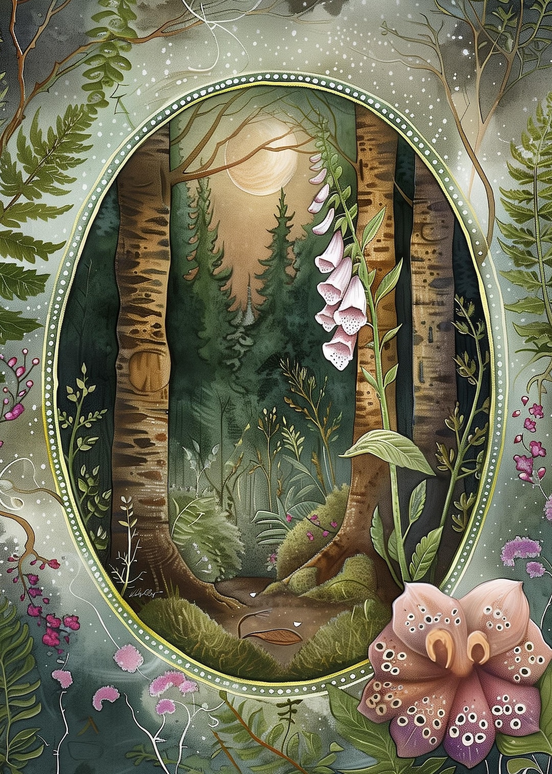 Enchanted Forest Fabric Panel: Botanical Nature Scene, Vintage Style ...