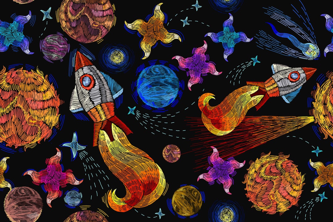 Space Fabric Colorful Print Upholstery Outer Universe Galaxy Solar ...