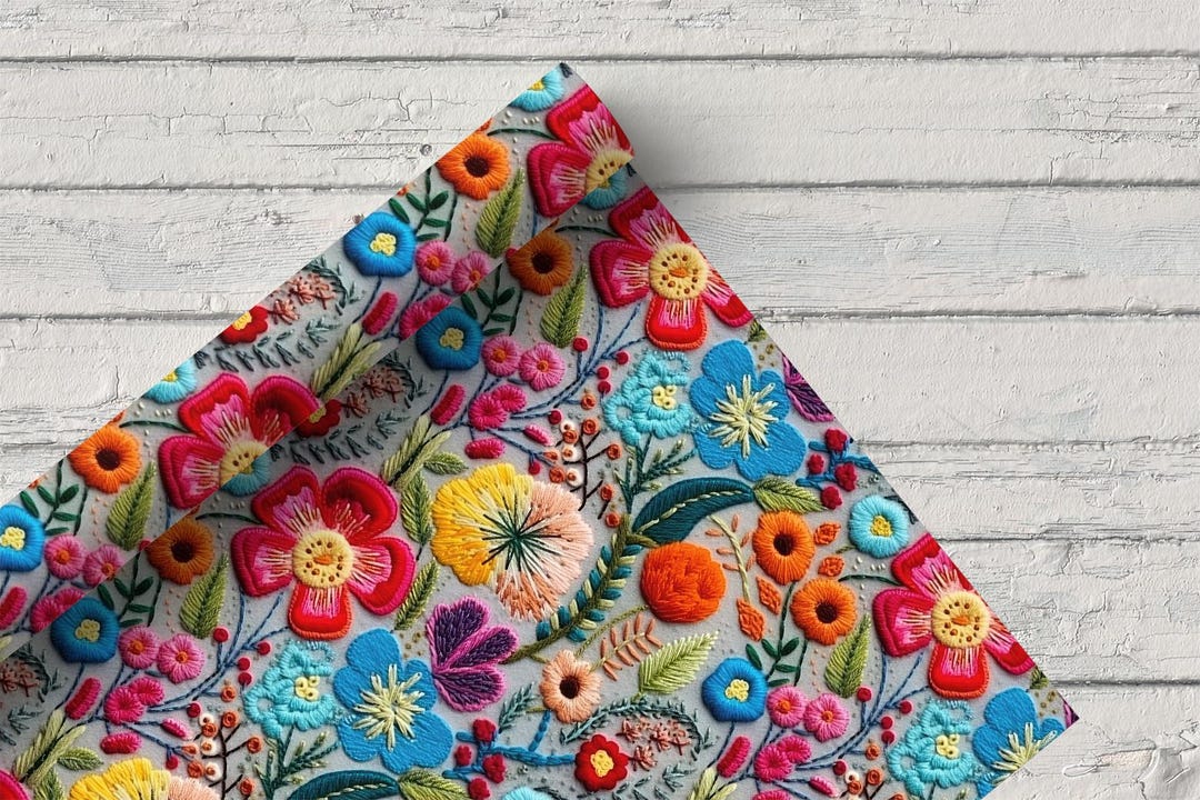 Floral Embroidered Effect Print Fabric: Vibrant Boho Decor - Etsy